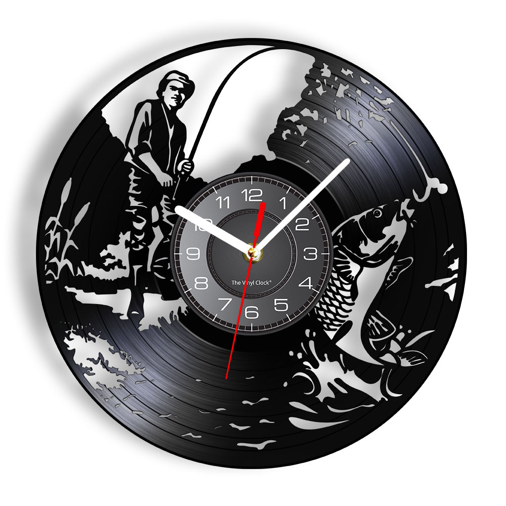 Gone Fishing Wall Clock Fisherman Vintage Vinyl Re... – Grandado