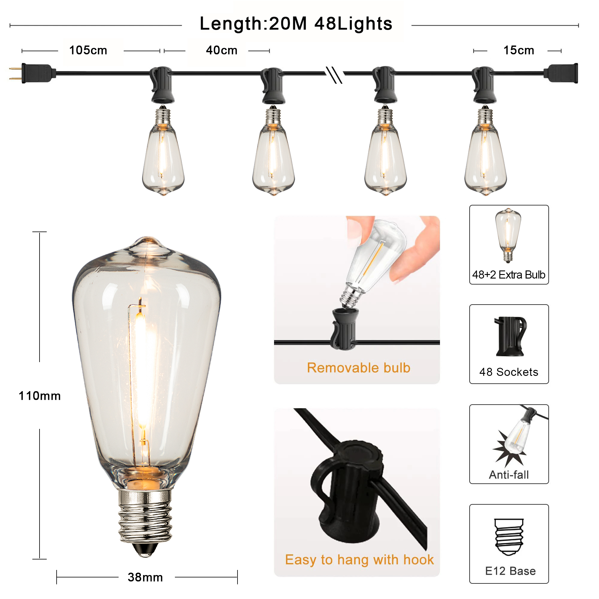 ST38 String Lights Outdoor Garland Connectable Sha... – Vicedeal