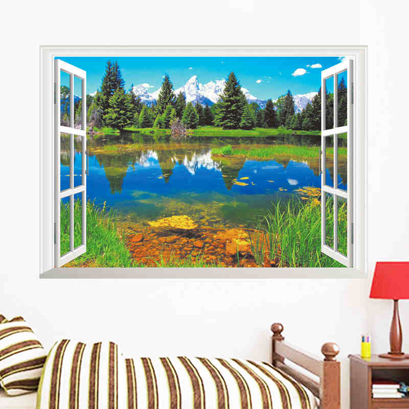 Nature Mountains Lake House Tree 3D Window View Li... – Grandado