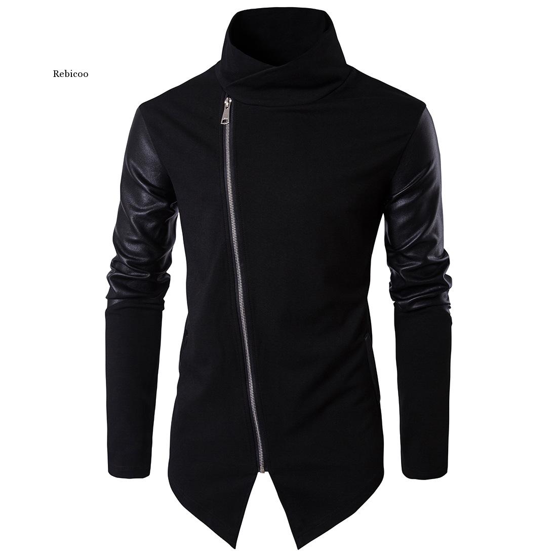 Black Leather Patchwork Turtleneck Jackets Overcoa... – Grandado