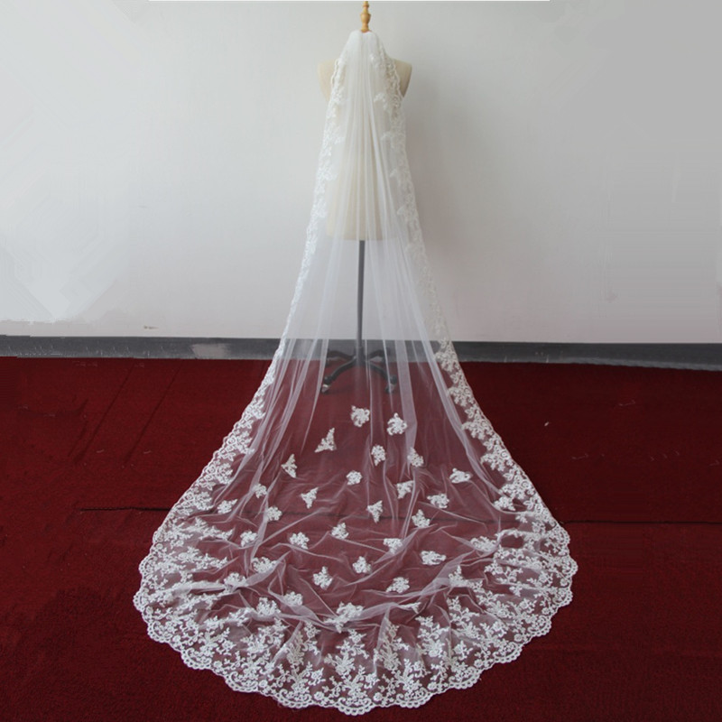 Veu de noiva longo 3 meter applikationer spets kan... – Grandado