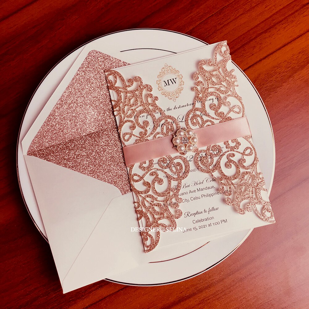 10x Pink Gold Glitter Invitations for Wedding Part... – Grandado