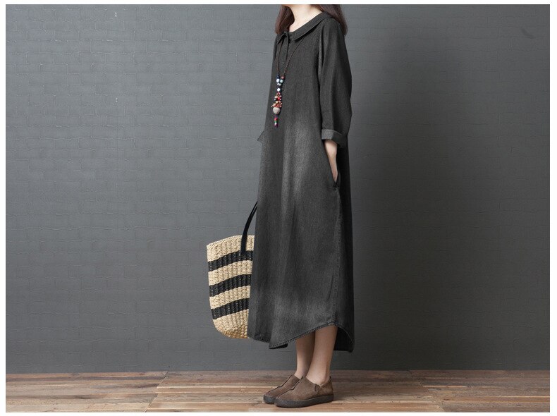 Spring Denim Long Dress Loose Turn-down collar Lon... – Grandado