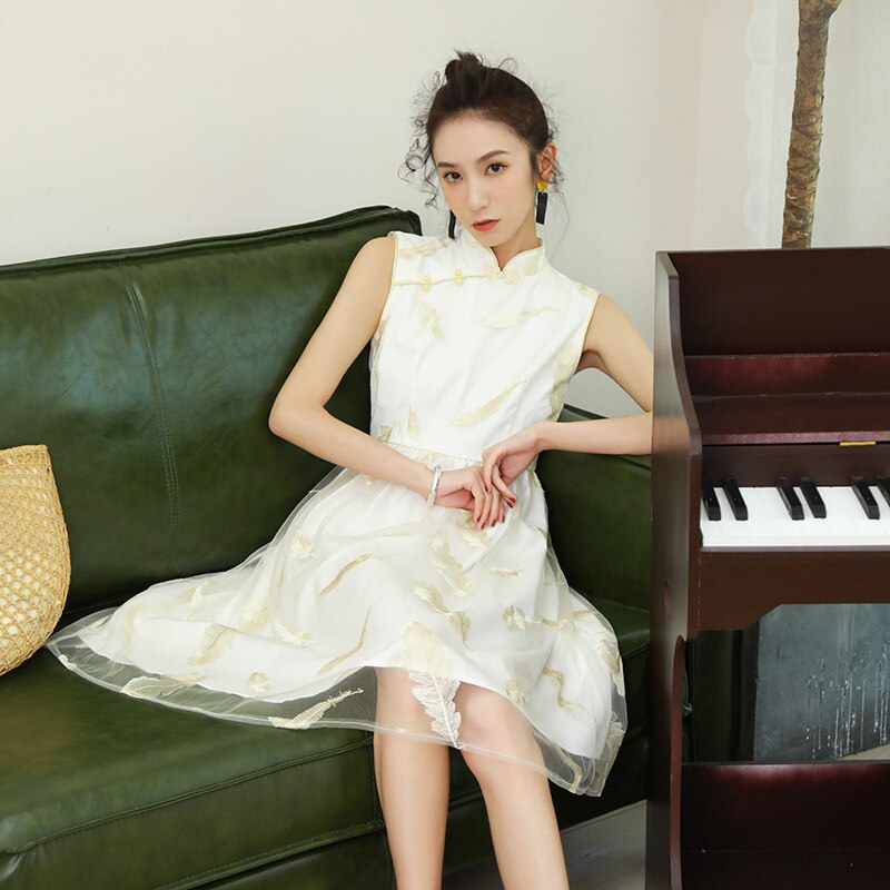 Cotton Evening Party Dress Mesh Cheongsam Modern T... – Grandado