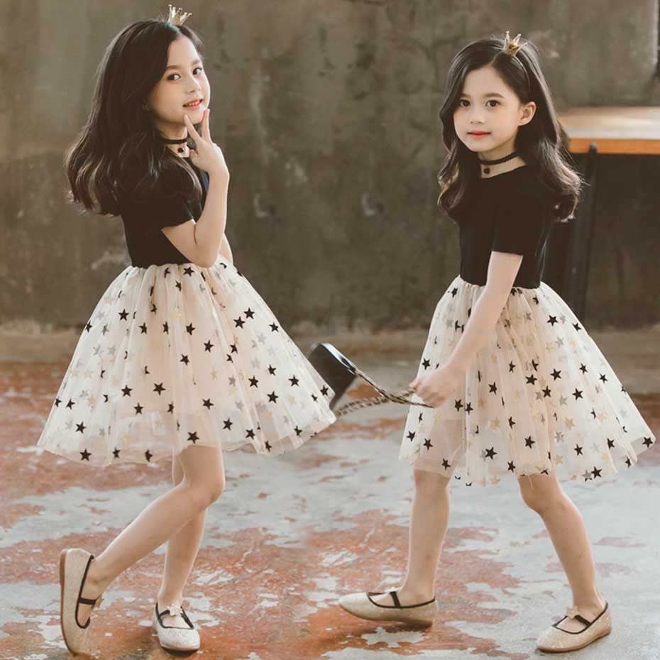 Girls Dress Patchwork Mesh Dress For Girls Star Pr... – Grandado