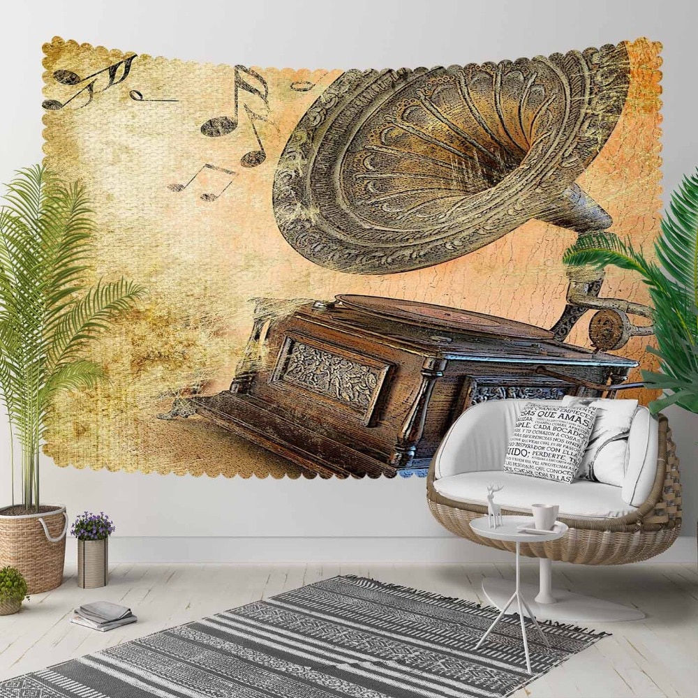 Else Brown Yellow Vintage Gramophone Music Notes 3... – Grandado