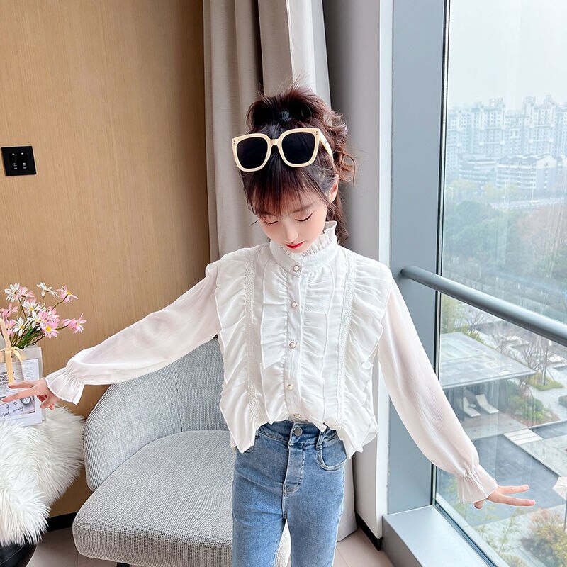 Girls Shirts Korean Ruffle Lace Chiffon Shirt Swee... – Grandado