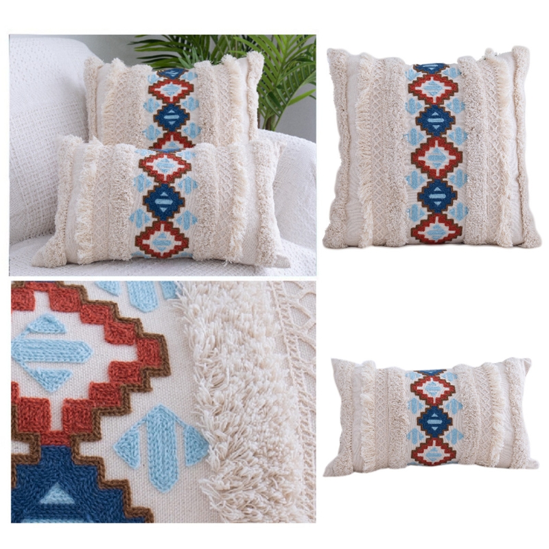 Boho Embroidered Ethnic Tufted Pillow Cotton Woven... – Grandado