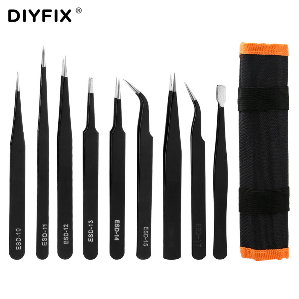 DIYFIX 9 in 1 Tweezers Kit Anti Static Stainless S... – Grandado