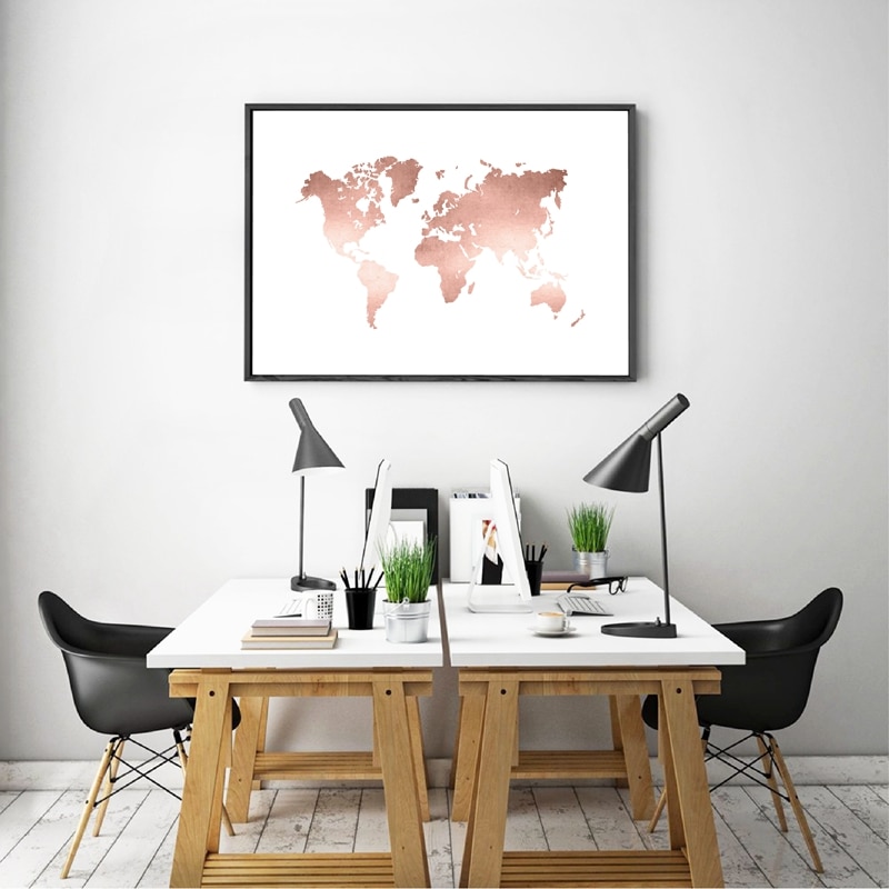 Rose Gold World Map Print Office Decor, modern Min... – Vicedeal