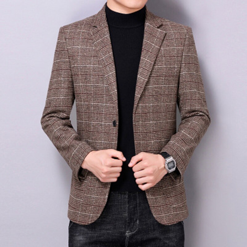 Brown Plaid Blazer Mens Business Groom Suit Jacket... – Grandado