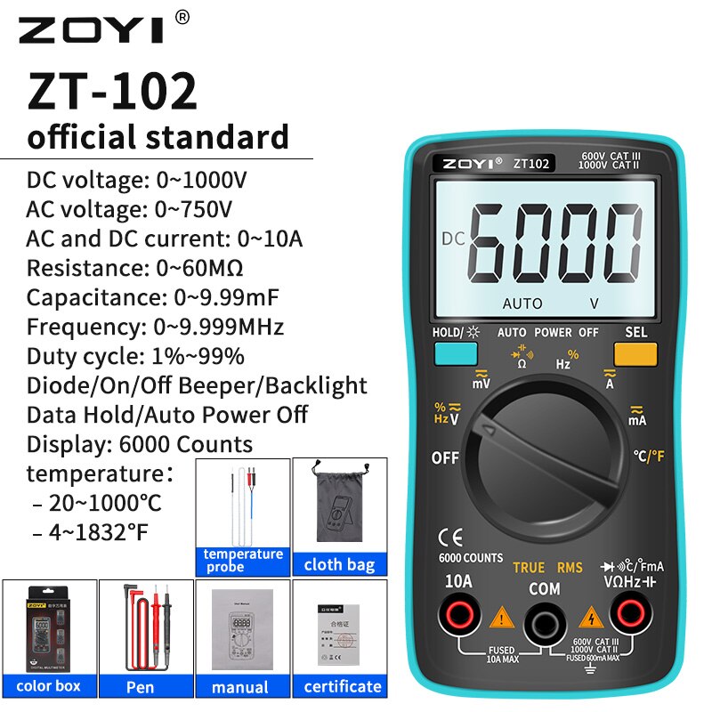 ZOYI ZT102/102A Digital Multimeter 6000 Counts Ele... – Grandado