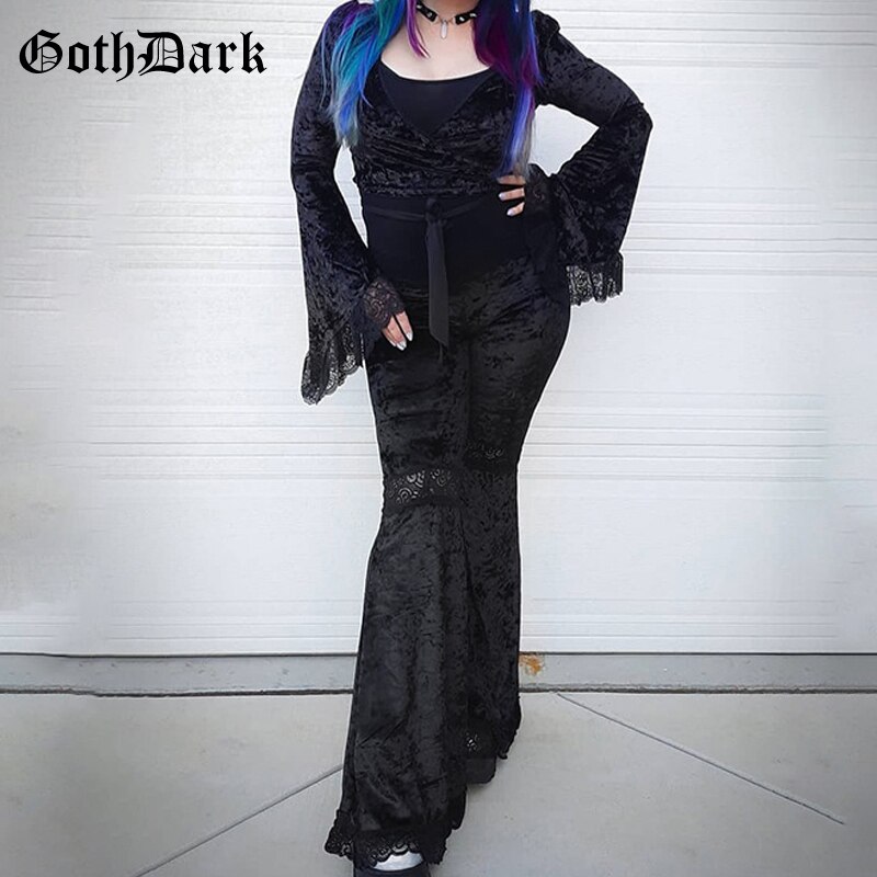 Goth Dark Velvet Gothic Lace Patchwork Flare Pants... – Grandado
