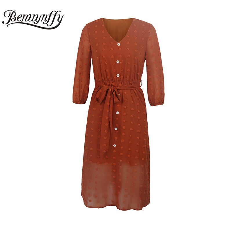 Benuynffy V-neck Button Front Swiss Dot Chiffon Dr... – Grandado