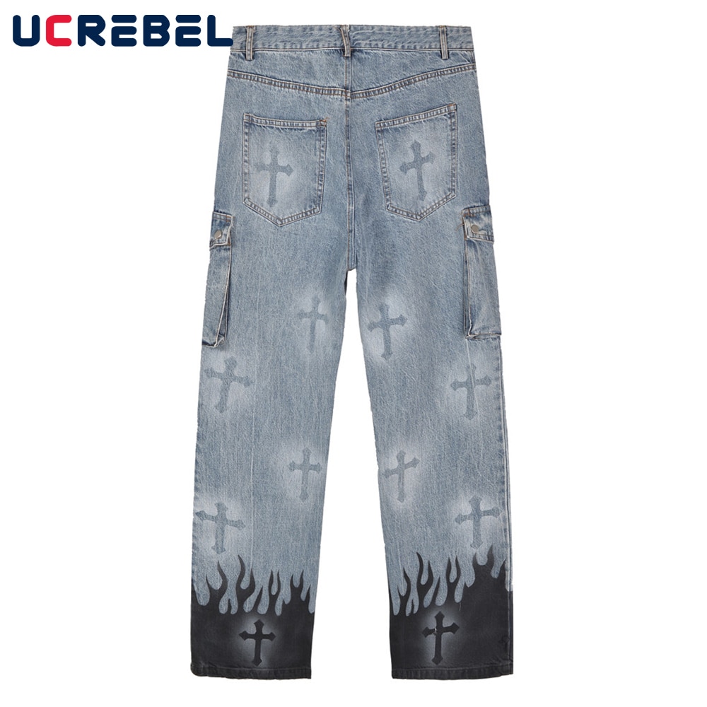 Cross Print Denim Pants Mens High Street Gradient ... – Grandado
