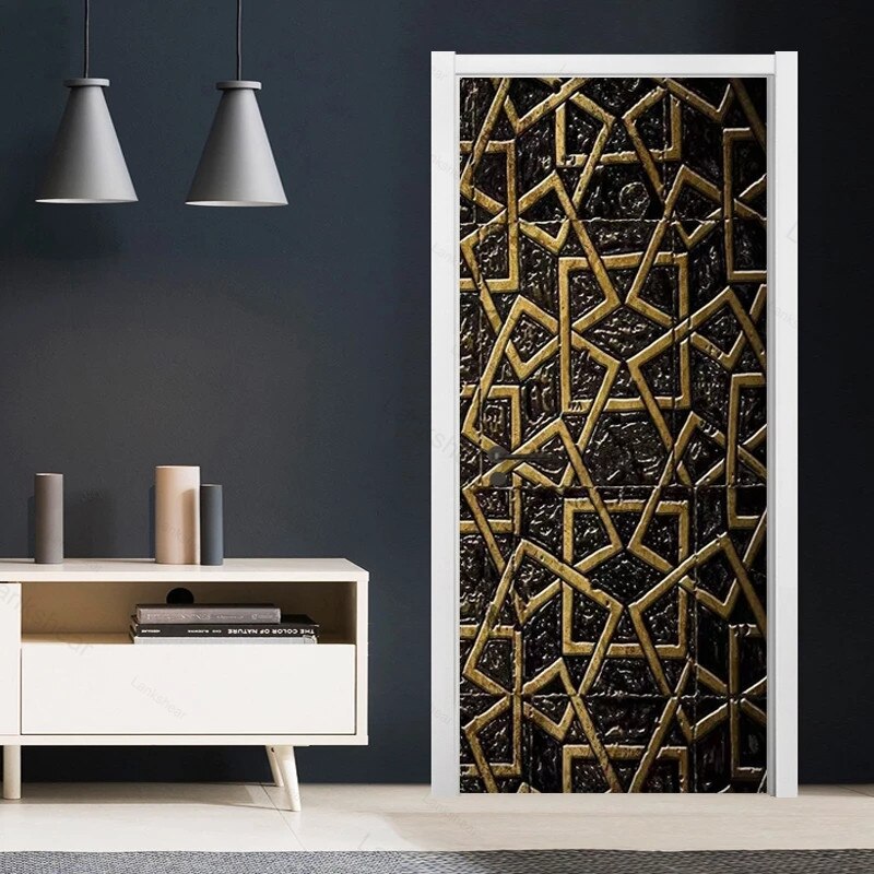 Modern Black Gold Line Geometric Door Sticker 3D S... – Grandado