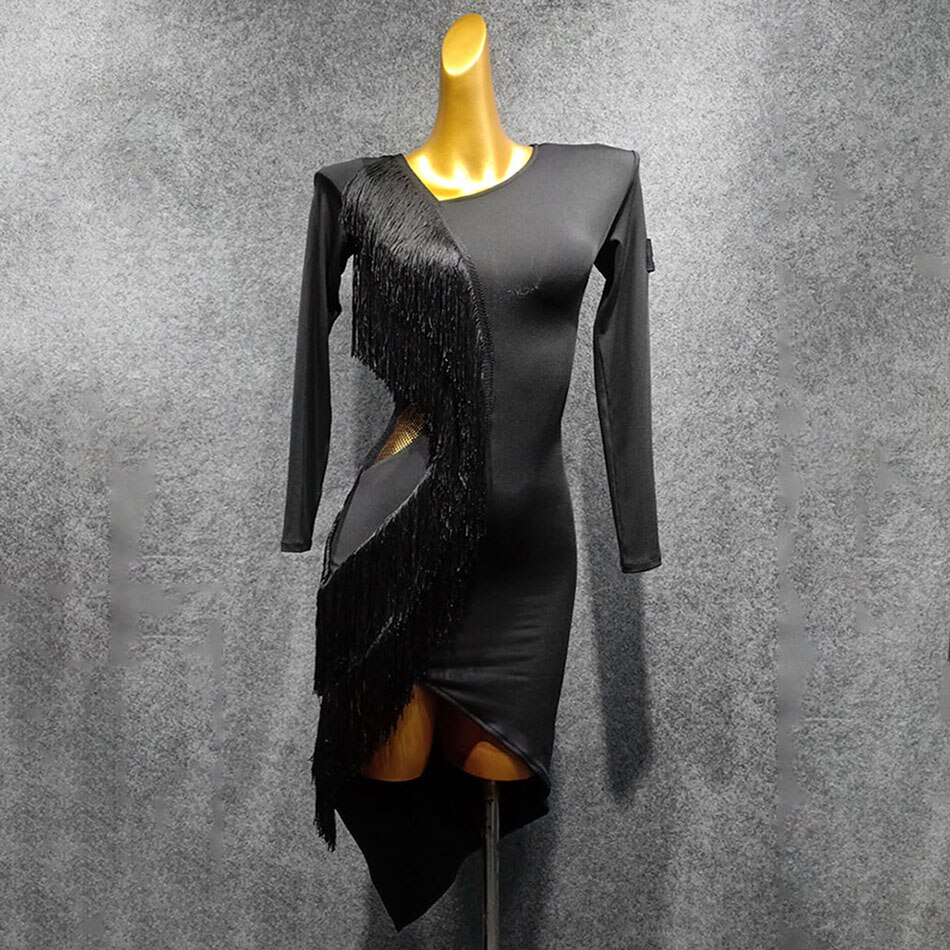 Long Sleeve Black Tassel Latin Dance Dress Dancing... – Vicedeal