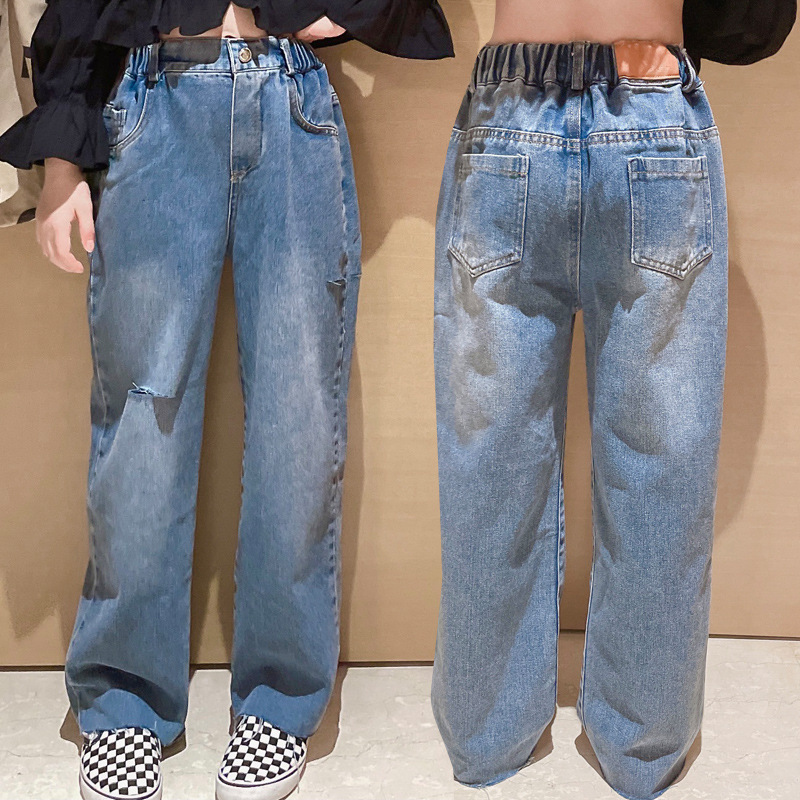 Girls Ripped Jeans Dark Blue Elastic Waist Wide Le... – Grandado