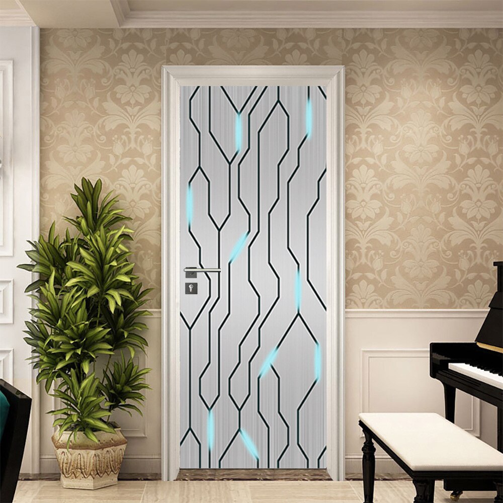 PVC Door Sticker Modern 3D Abstract High Tech Blue... – Grandado