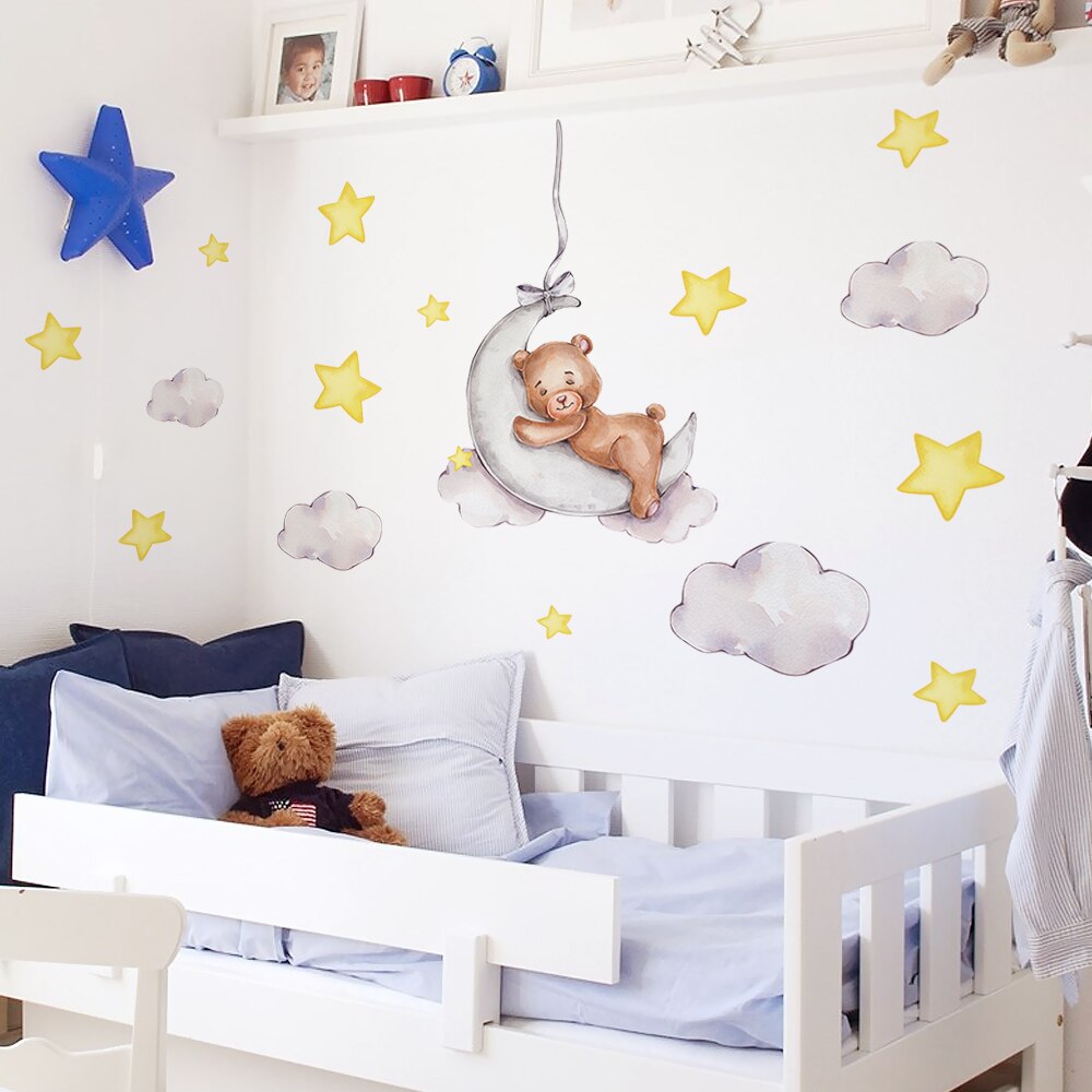 Cartoon Teddy Bear Sleeping on the Moon and Stars ... – Grandado