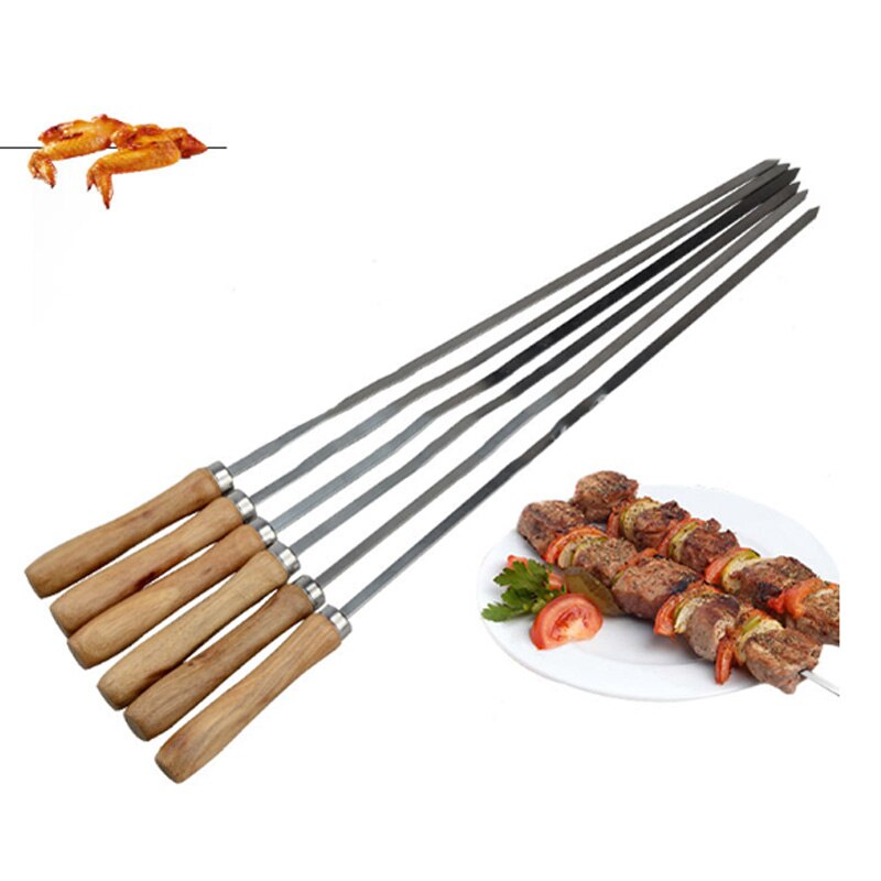 Kebab BBQ Stainless Steel Skewers with Wooden Handles Flat Reusable ...