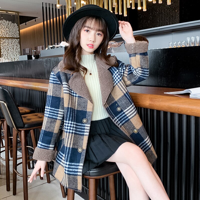 Meisje Wollen Jas Kids Turn-Down Kraag Plaid Overj... – Grandado