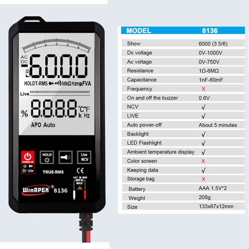 Intelligent Digital Multimeter Touch Screen LCD 60... – Grandado