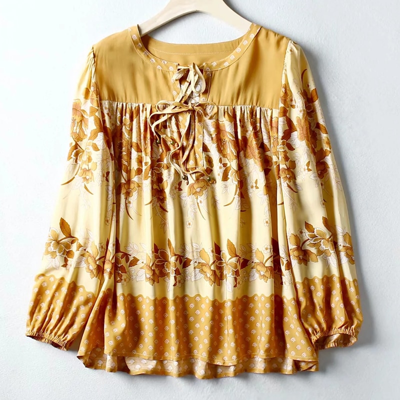 BOHO INSPIRED rayon blouse shirt yellow floral emb... – Vicedeal