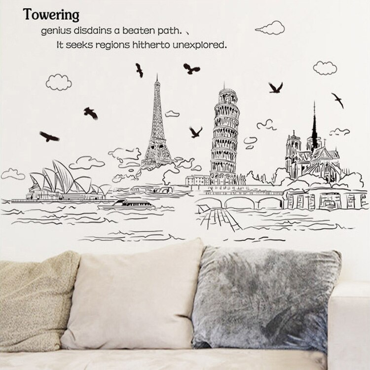 Paris Famous Buildings Tower wall sticker City Vie... – Grandado
