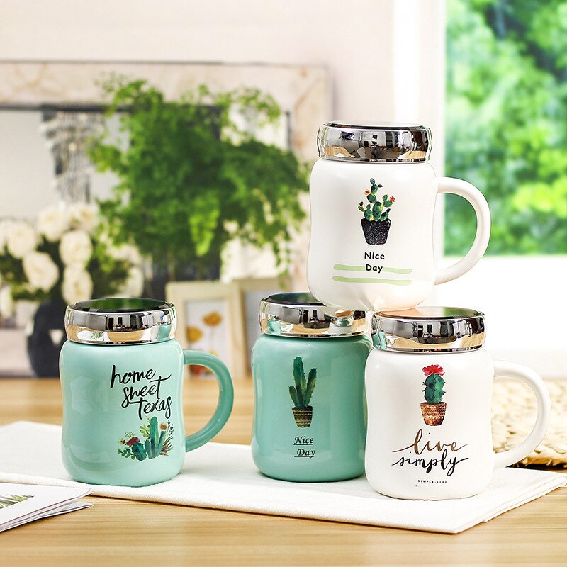 500Ml Cactus Patroon Groene Mok Met Deksel, drinkw... – Grandado