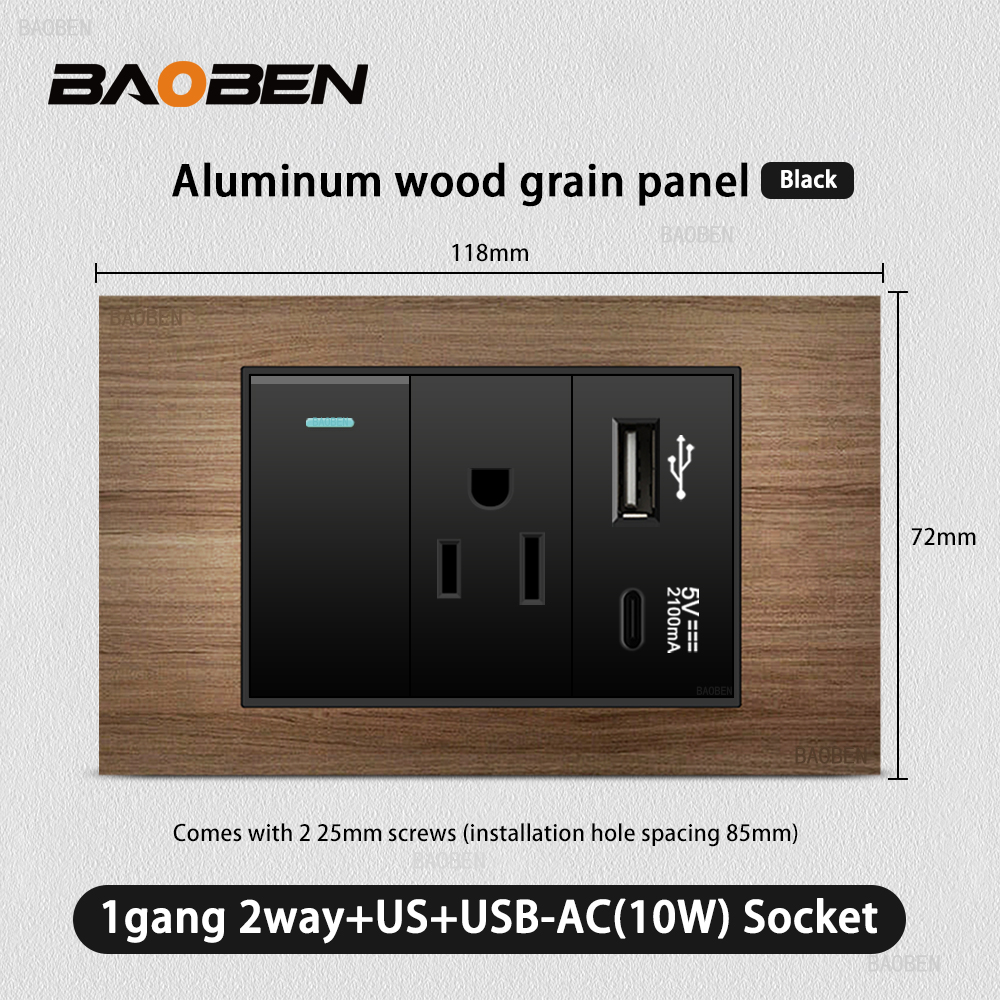 DELEFU Black Aluminum Wood Grain USb-C US Standard... – Grandado