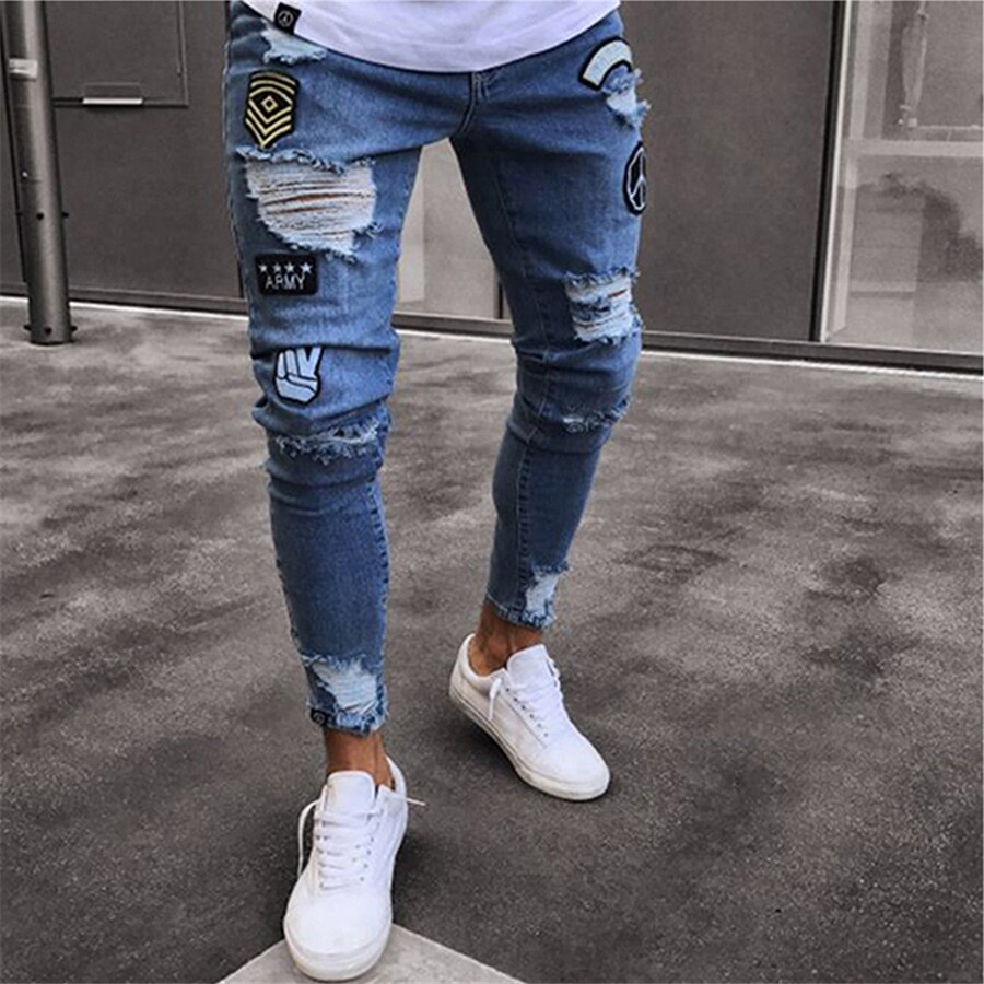 Jeans rasgados para homem letras de crachá hip-hop... – Vicedeal