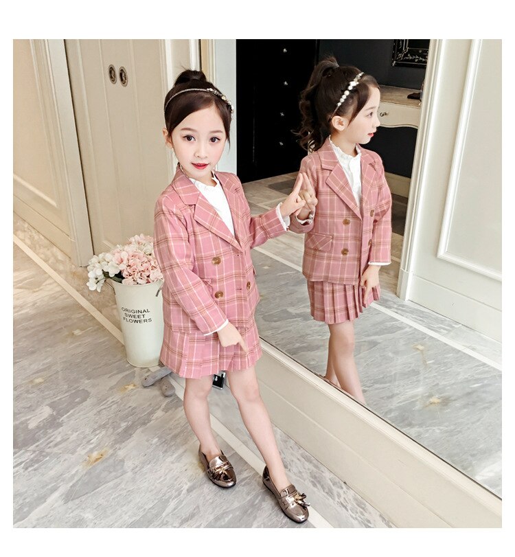 Girl Formal Pink Plaid Suit Coat+Pants Girl Clothe... – Vicedeal