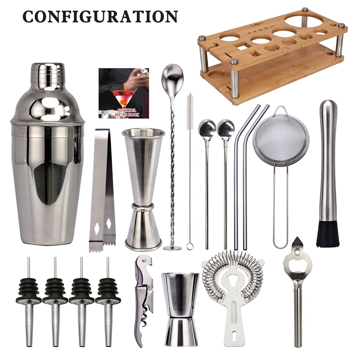 Barman Kit, Cocktail Shaker Set Bamboe Stand, 20 S... – Vicedeal