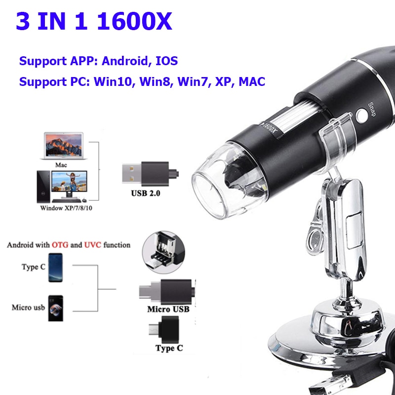 3-in-1 Digital USB Microscope 1600X Portable 2Adap... – Grandado