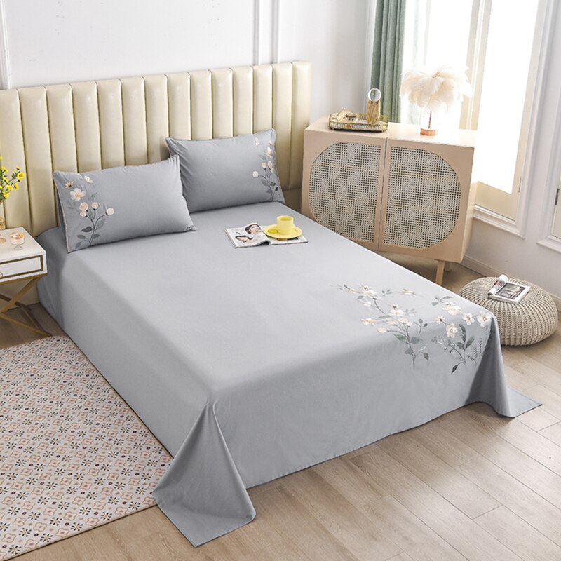 Cilected Grey Blue Embroidery Bed Sheet 100% Cotto... – Grandado