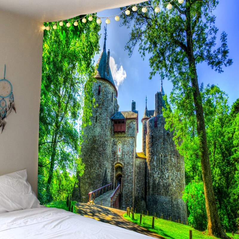 Nature tree tapestry wall hanging forest castle fa... – Vicedeal