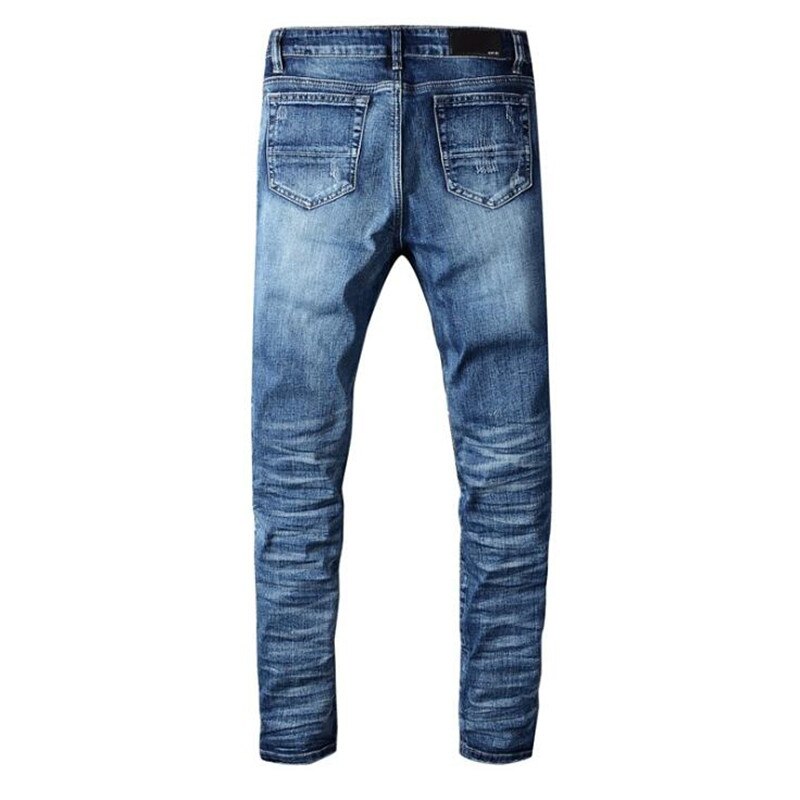 Men's PU leather patchwork ripped biker jeans Patc... – Grandado