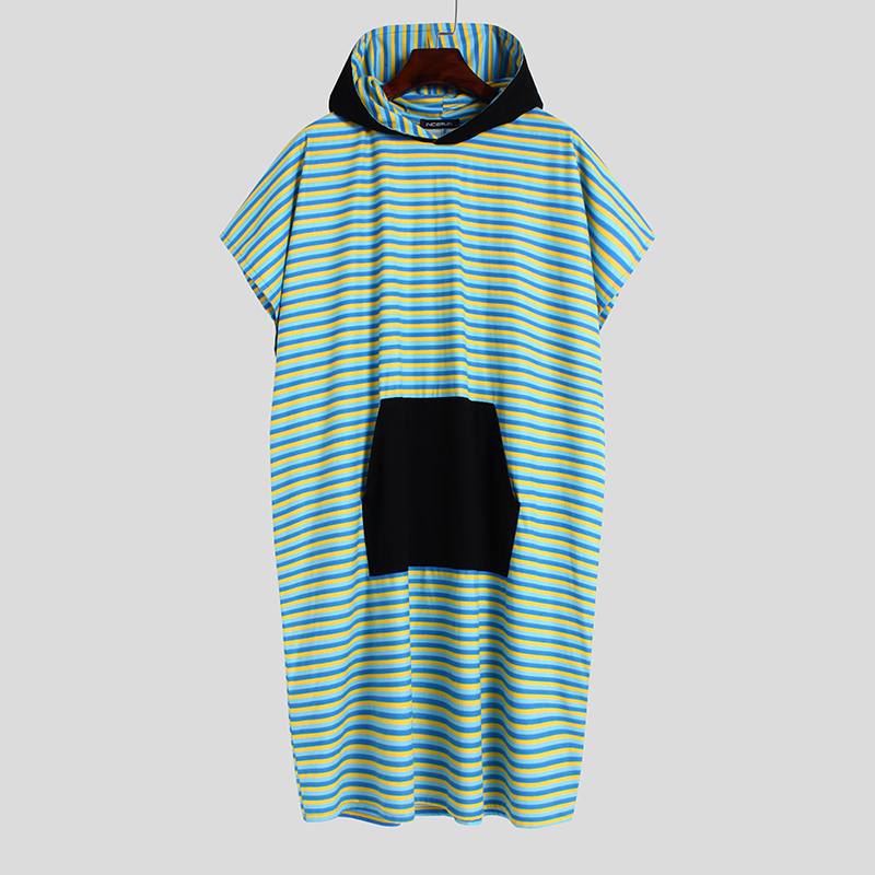 INCERUN Men Striped Patchwork Robes Hooded Sleepwe... – Grandado