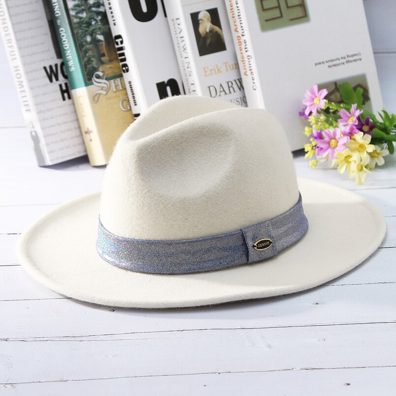 GEMVIE 100% Wool Felt White Fedoras Hat With Blue ... – Grandado