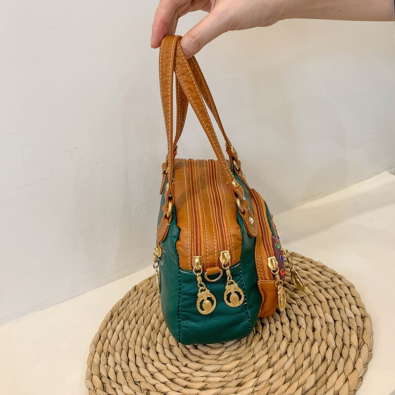 Contrast Color Washed Leather Women's Shoulder Bag... – Grandado