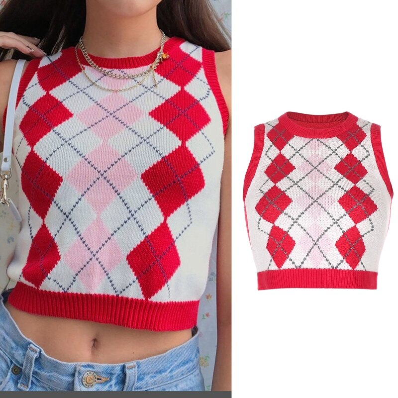 Women Red Argyle Plaid Knitted Vest Preppy Style R... – Grandado