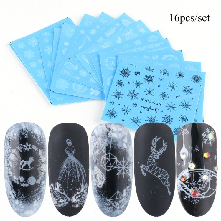16pc White Black Winter Nail Water Sticker Set Sno... – Vicedeal