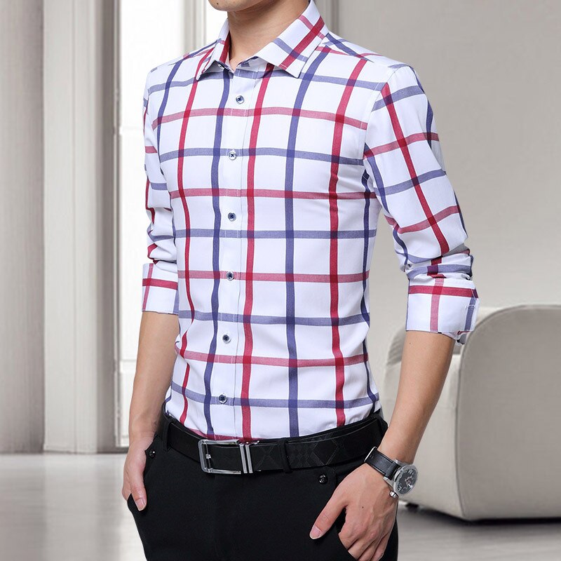 Good Men Spring Shirt Slim Fit Plaid Shirts Long S... – Grandado