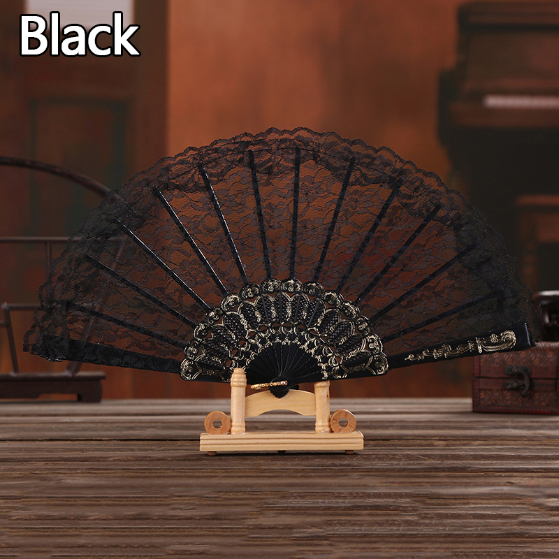 Ladies Lace Hand Fan Black White Cloth Folding Fan... – Vicedeal