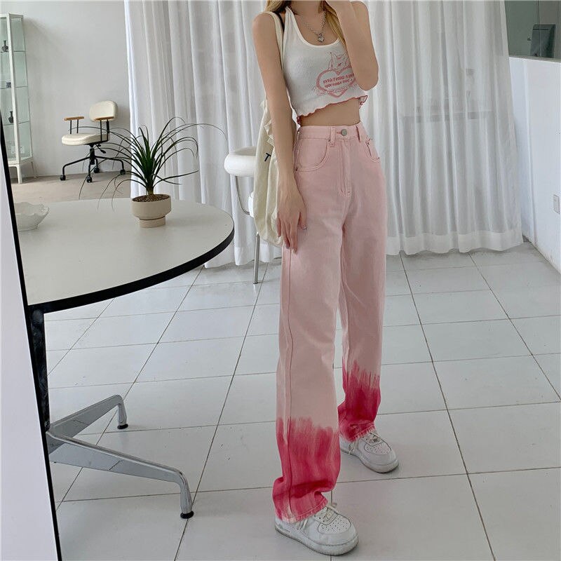 Y2k Pink Aesthetic Gradient Wide Leg Jeans Women H... – Grandado