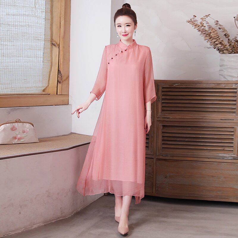 chiffon chinese traditional qipao collar dress for... – Grandado