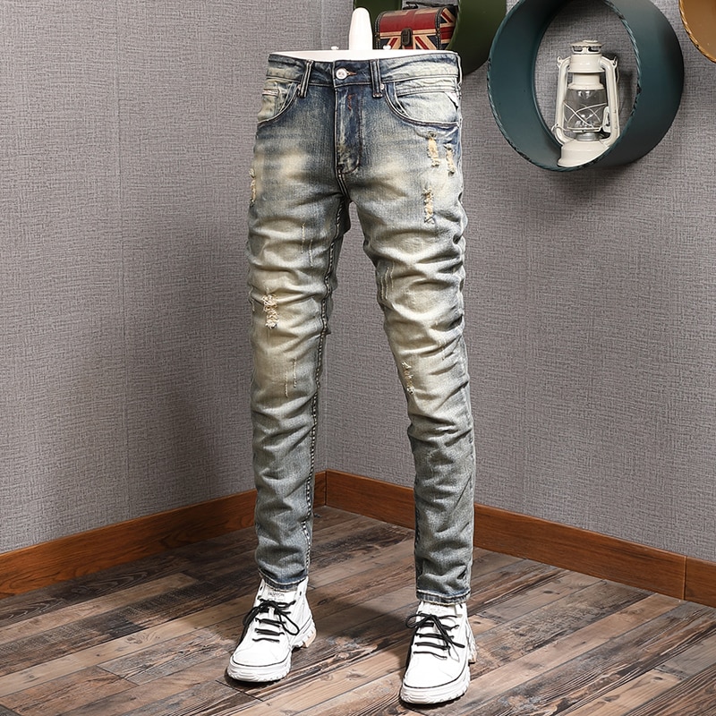 Italiaanse Stijl Mode Mannen Jeans Retro Geel Blau... – Vicedeal