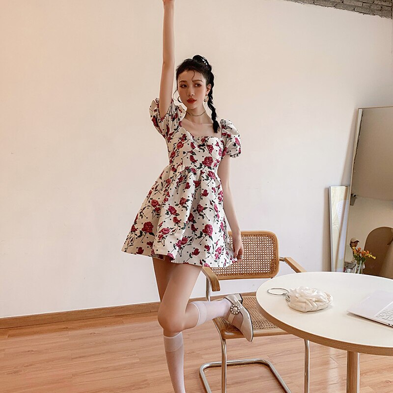 Summer French Floral Print Square Collar Dress Wom... – Grandado