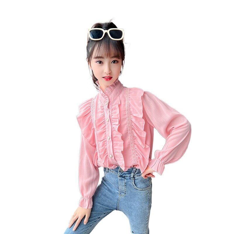 Girls Shirts Korean Ruffle Lace Chiffon Shirt Swee... – Grandado